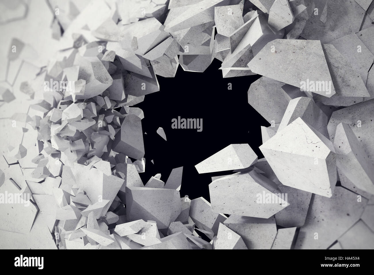 rendering, explosion, cracked concrete wall, bullet hole, destruction ...