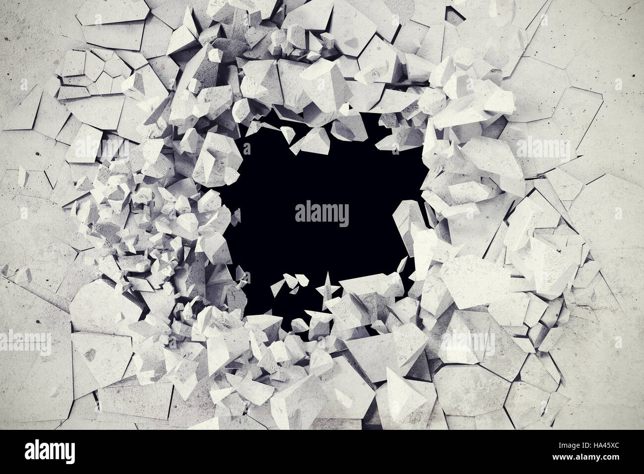 rendering, explosion, broken concrete wall, bullet hole, destruction ...