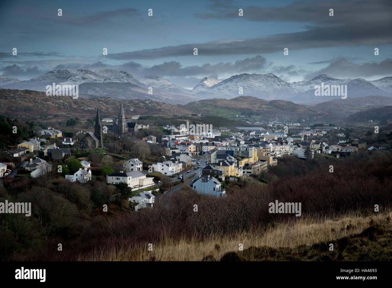 Clifden town and snow covered Connemara mountains Stock Photo - Alamy