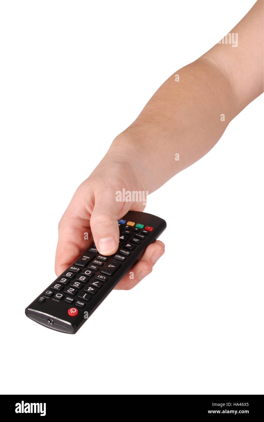 Hand holding remote control to the TV isolated with path Stock Photo ...