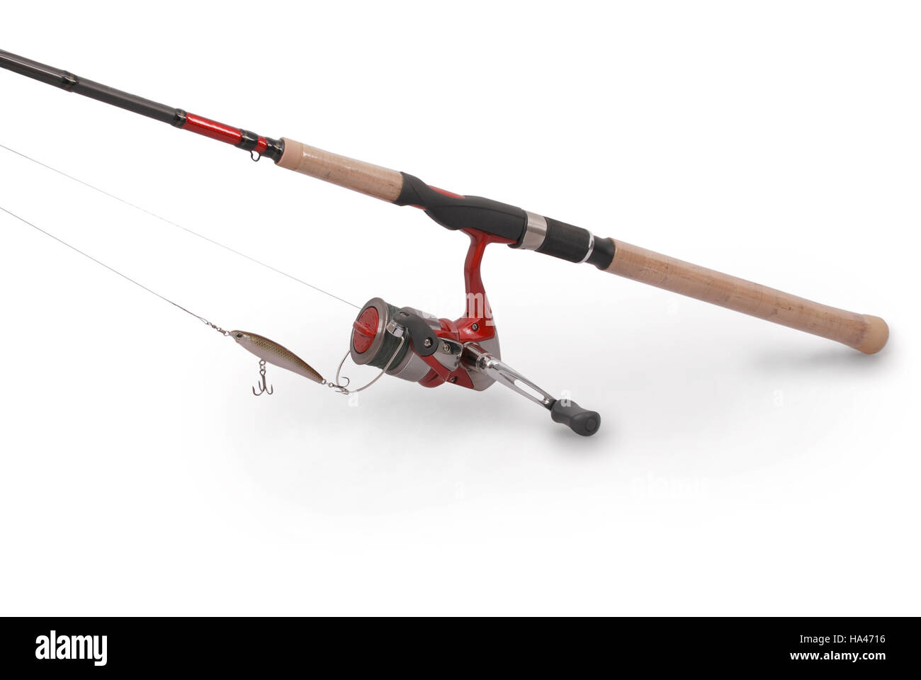 Fishing rod with a reel isolated on white background with soft shadow ...