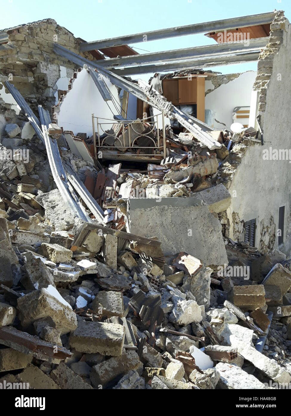 Aftermath of the earthquake in the town of Valnerina, Italy. Buildings ...