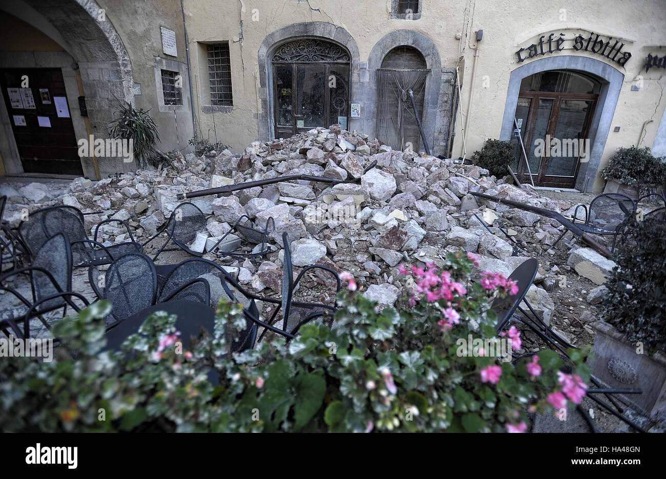 Aftermath of the earthquake in the town of Valnerina, Italy. Buildings ...