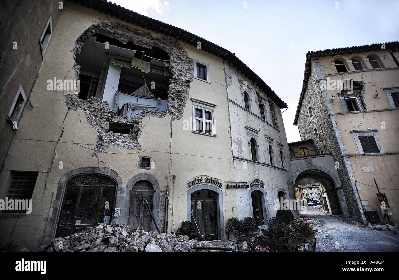 Aftermath of the earthquake in the town of Valnerina, Italy. Buildings ...