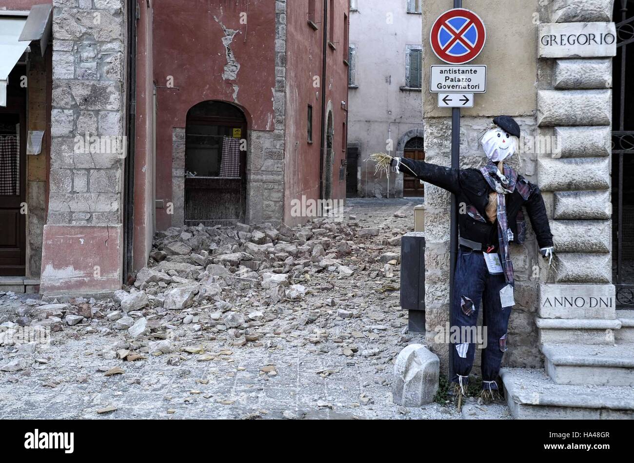 Aftermath of the earthquake in the town of Valnerina, Italy. Buildings ...