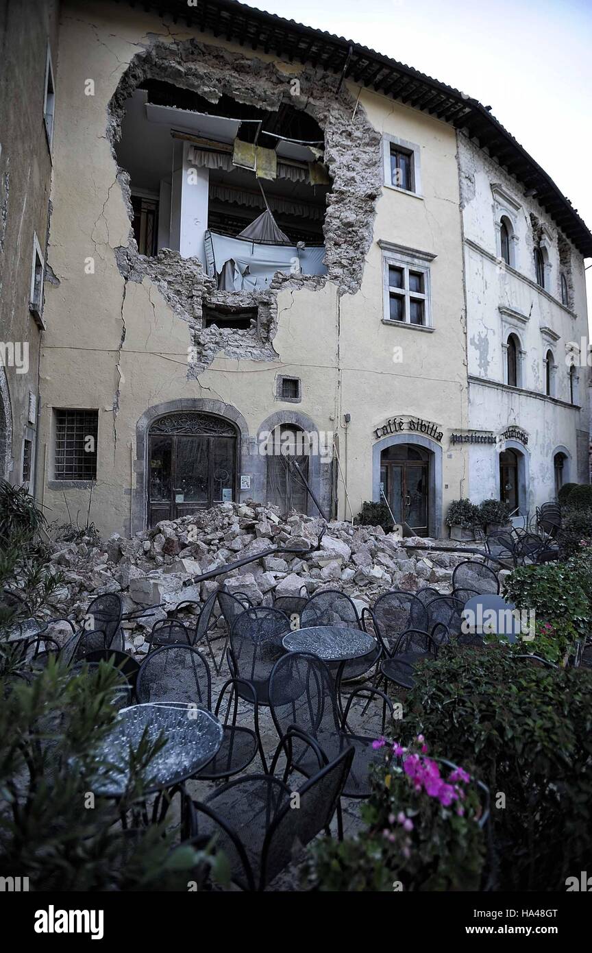 Aftermath of the earthquake in the town of Valnerina, Italy. Buildings ...