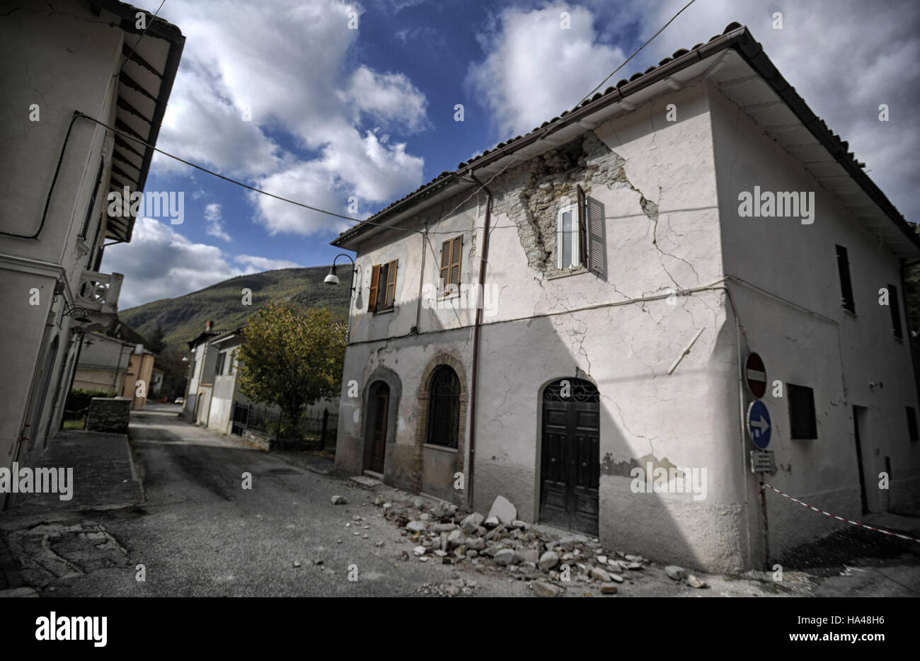 Aftermath of the earthquake in the town of Valnerina, Italy. Buildings ...