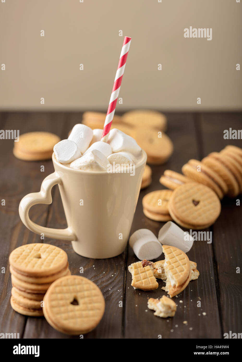 Marshmallows in a Cup with cookies with hearts out of the jam Stock ...