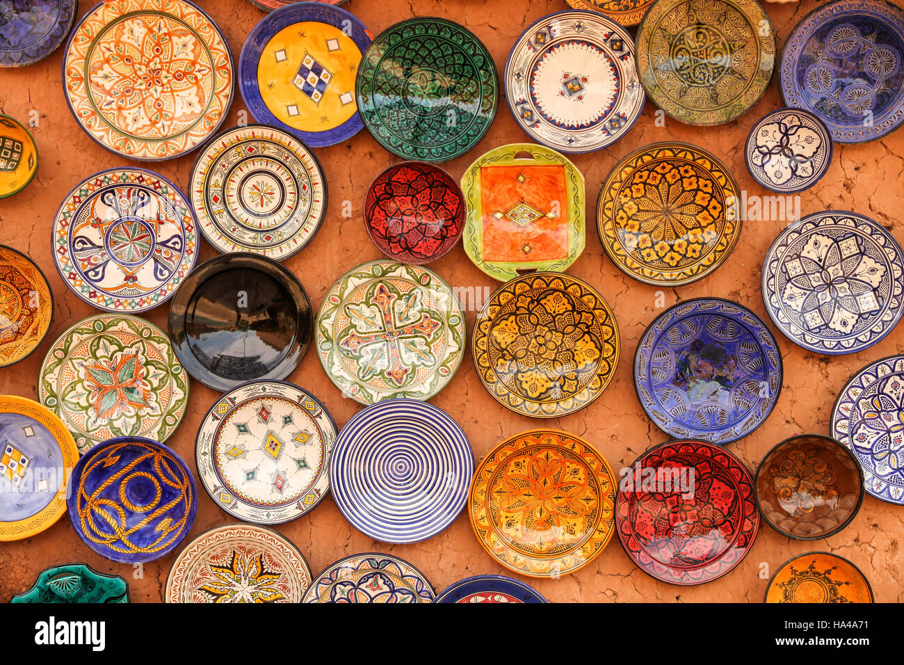 Beautiful arabic colorful hand made pottery bowls on display in the ...