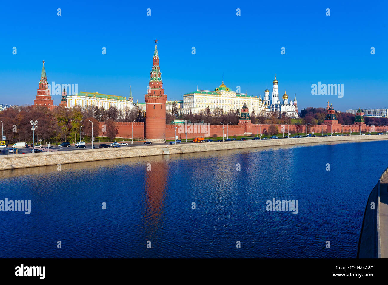 The embankment of the Moscow river with red walls of the medieval ...