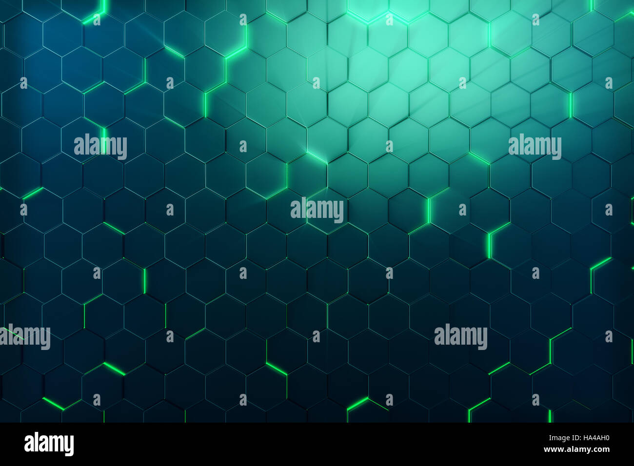 Abstract green of futuristic surface hexagon pattern with light rays ...