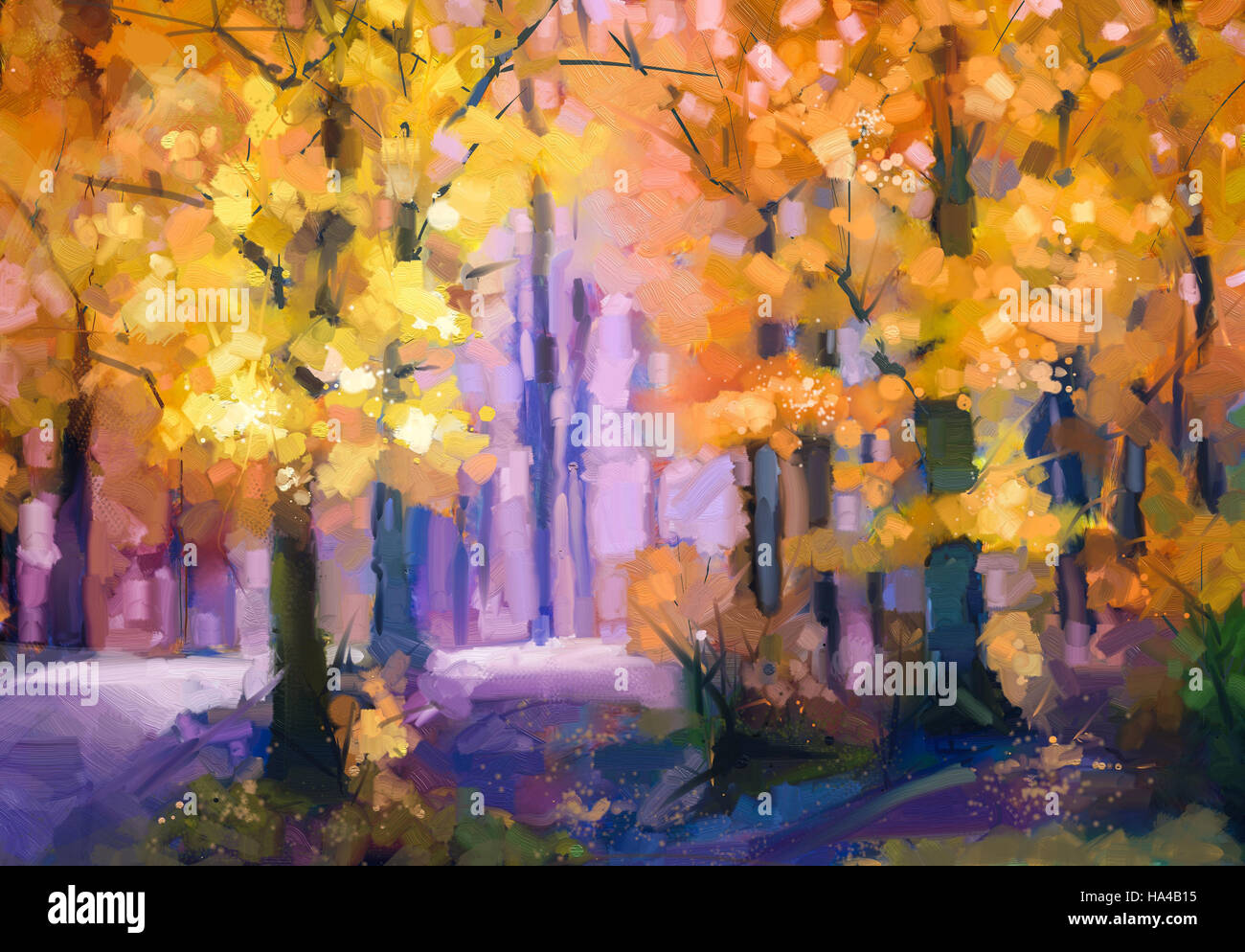 Oil painting landscape - colorful autumn trees. Semi abstract image of ...