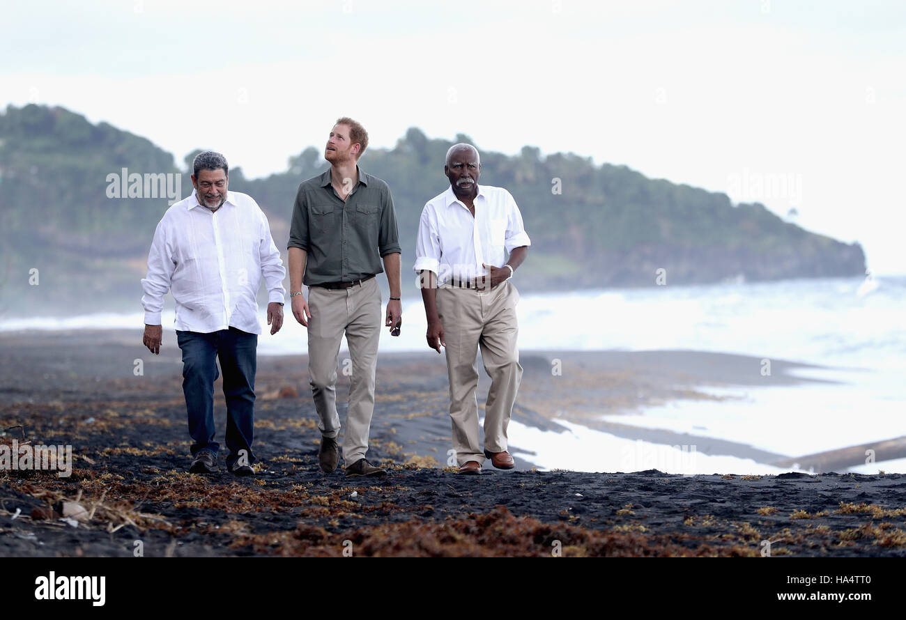 Prince Harry with Prime Minister Ralph Gonsalves (left) and Govenor ...