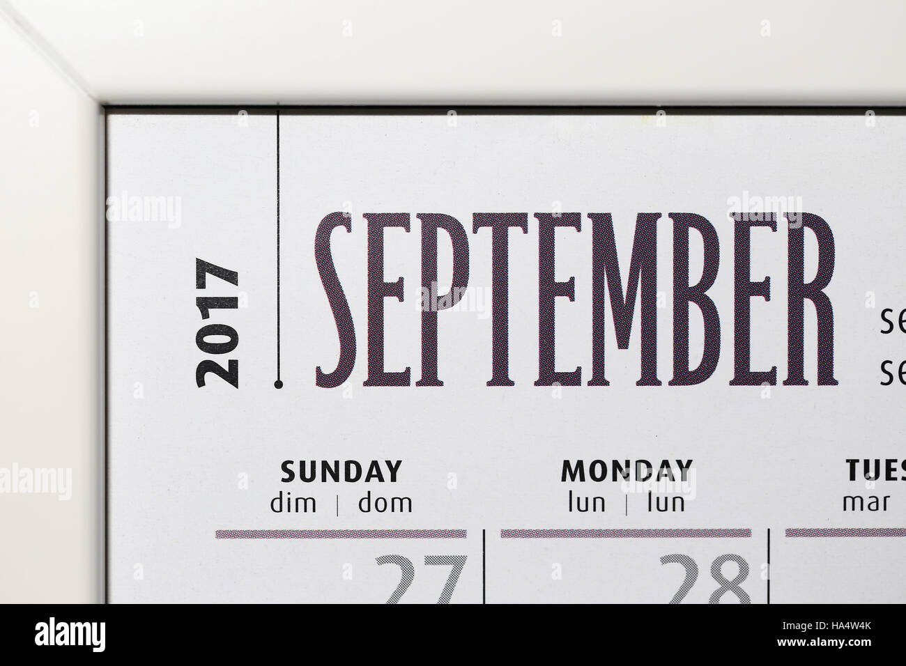 September calendar page hi-res stock photography and images - Alamy