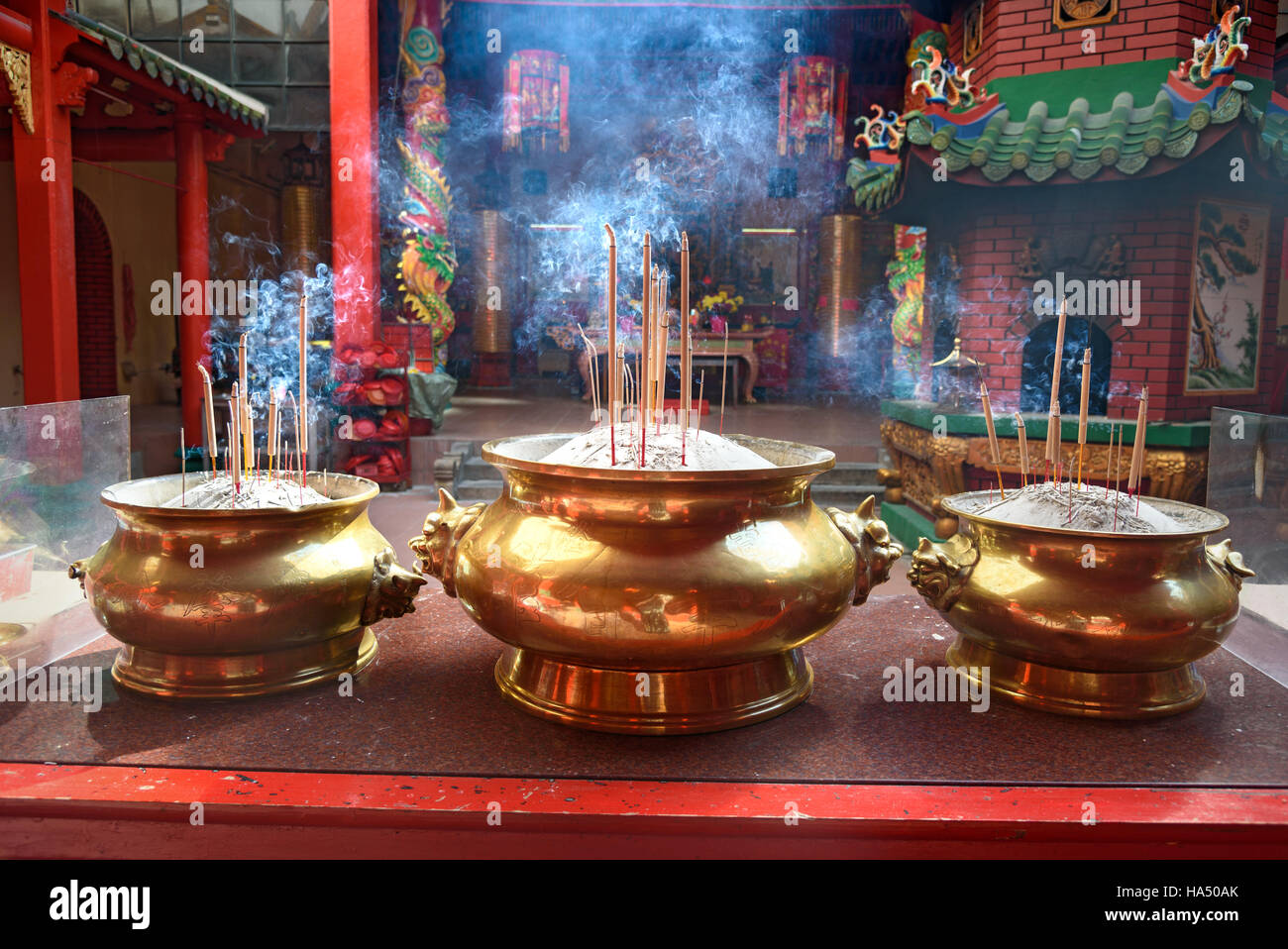 Incense sticks in the pot inside Guan Di Temple, also known as Kuan Ti ...