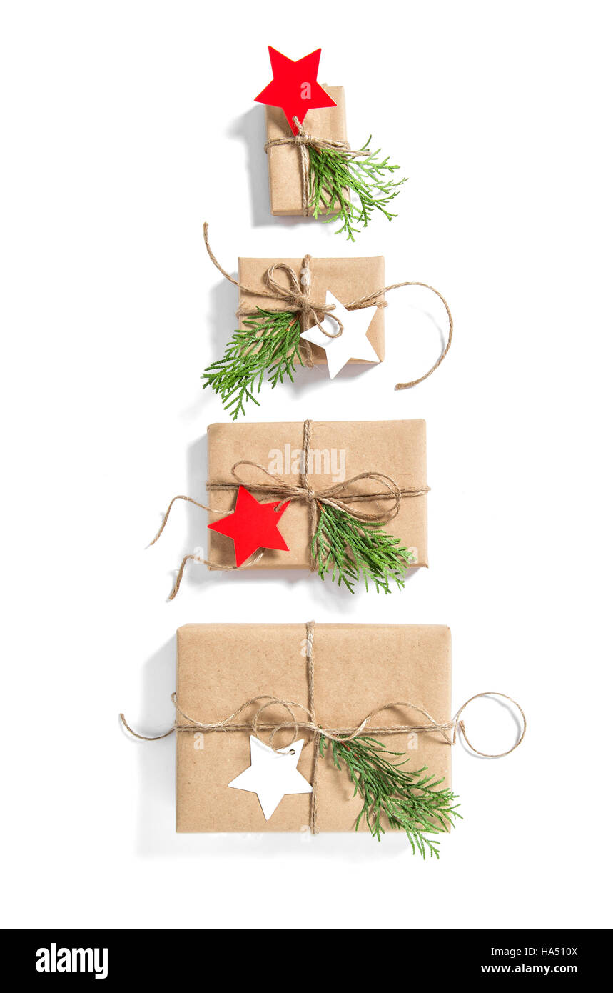 Christmas tree from gift boxes. Holidays presents. Flat lay background ...