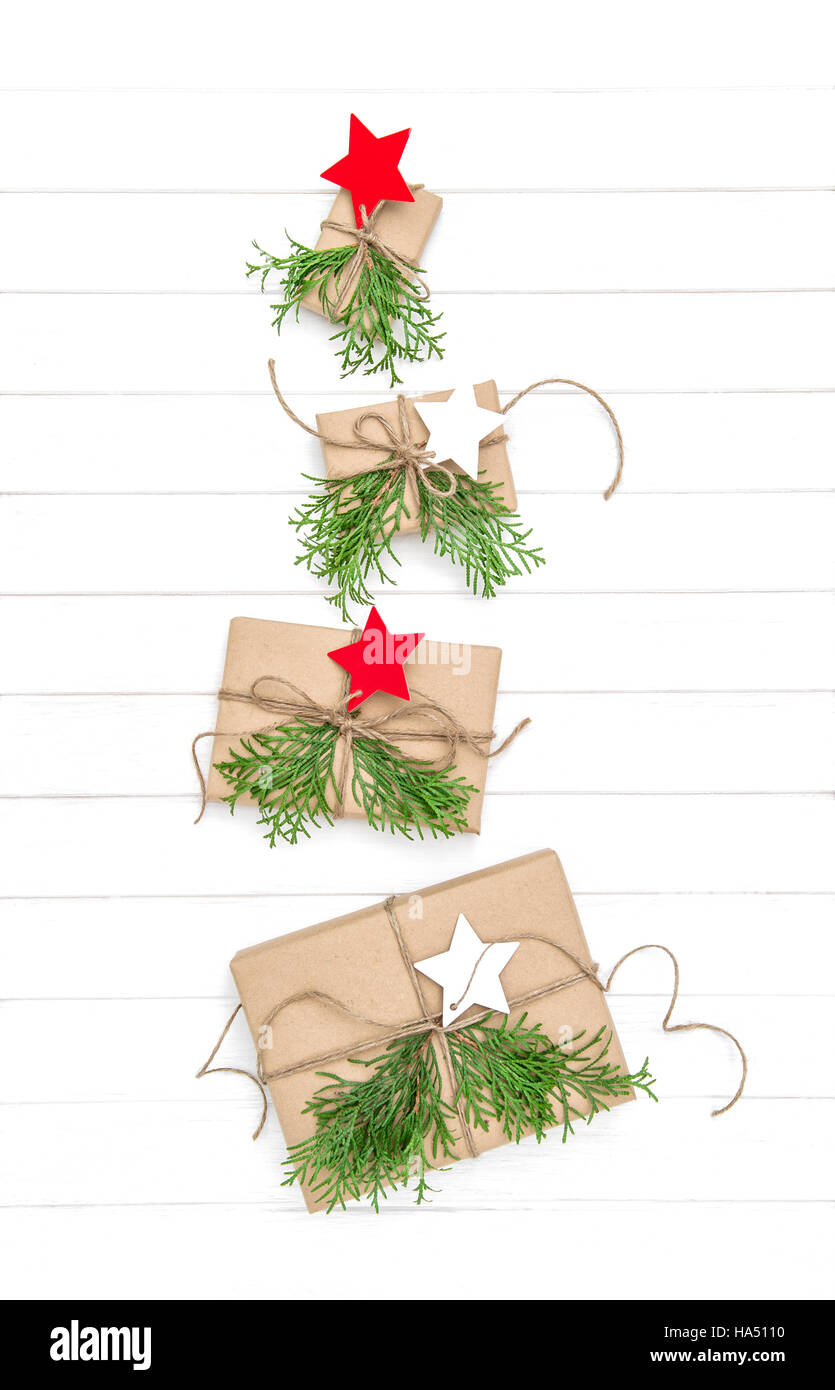 Christmas tree from gift boxes. Holidays presents. Flat lay background ...