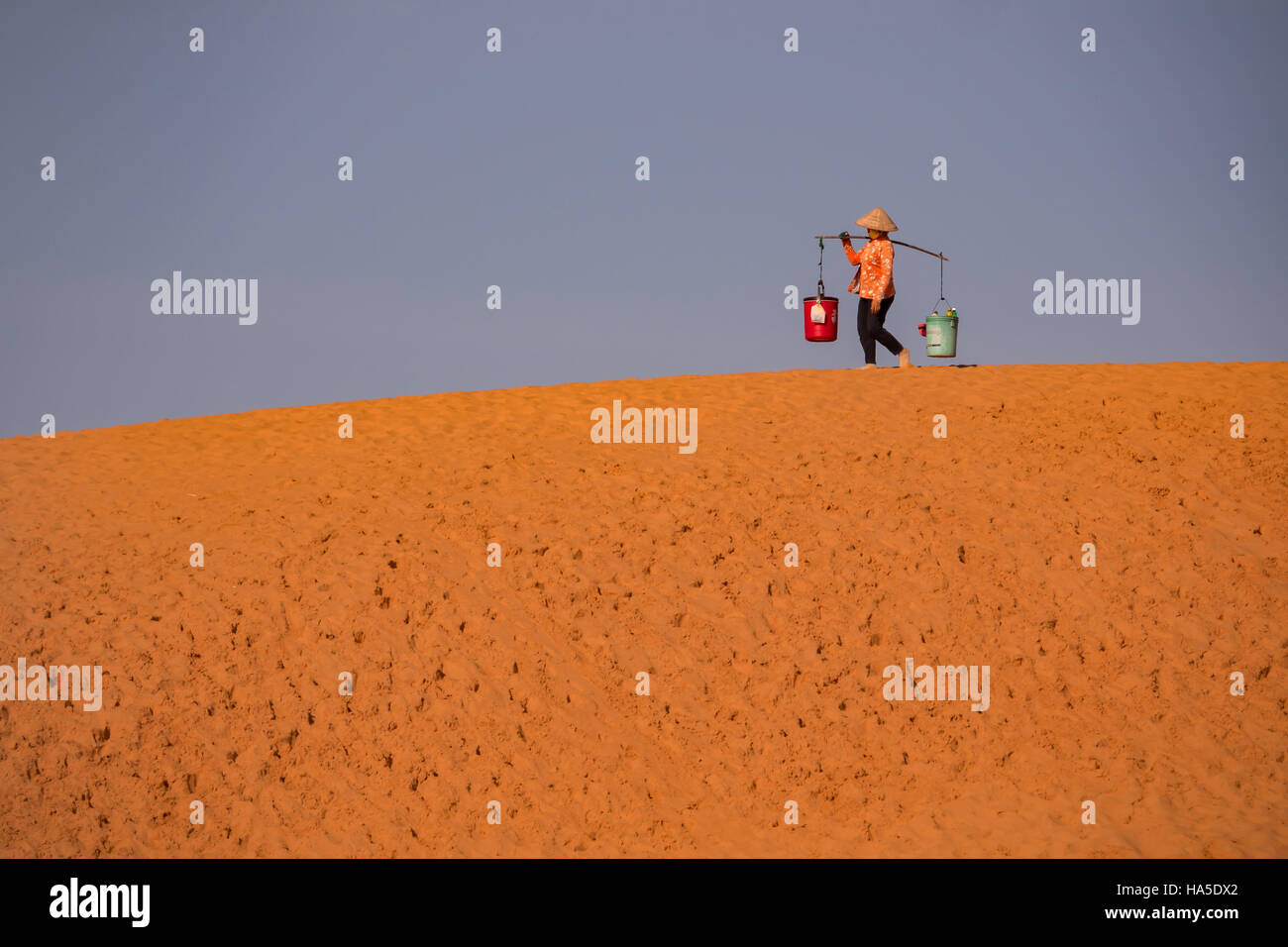Vietnamese lady caring a Yoke shop on Red Sand Dune , Mui Ne Stock ...