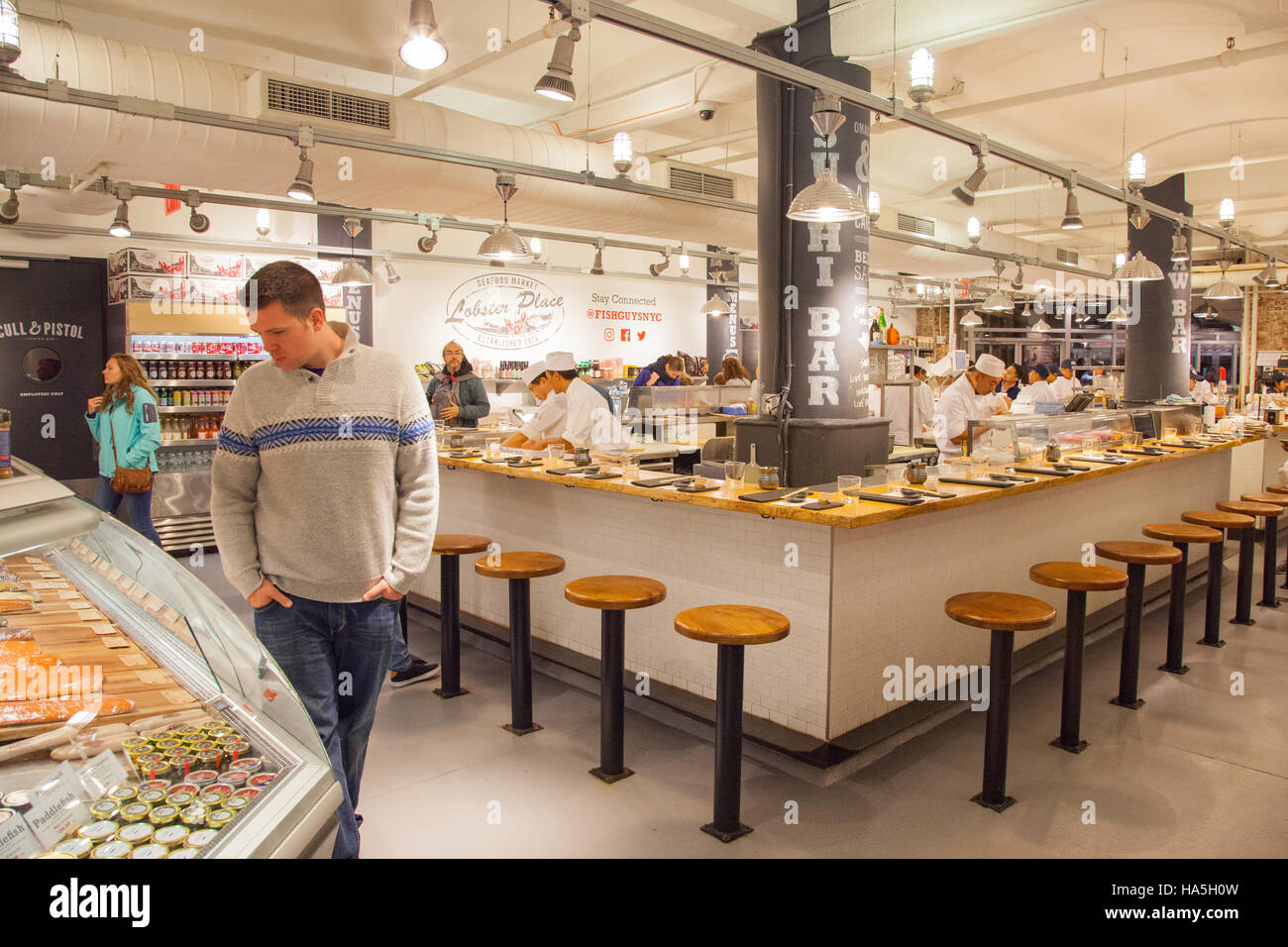 Sushi bar at The Lobster Place seafood Market or fishmongers, Chelsea ...