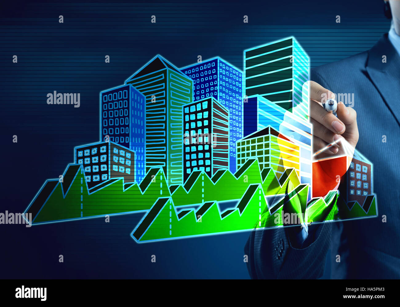 Close view of engineer man drawing with marker buildings on screen ...