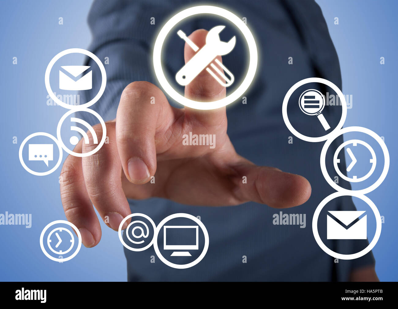 Close up of businessman touching application icon on screen Stock Photo ...