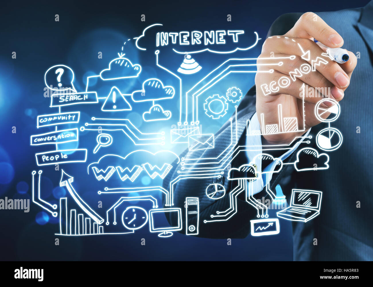 Close view of businessman drawing on screen plan for successful ...