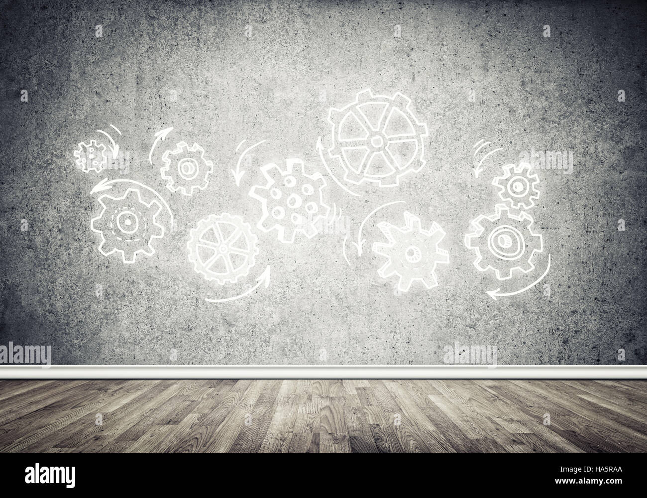 Gear hand drawn mechanism on gray wall Stock Photo - Alamy