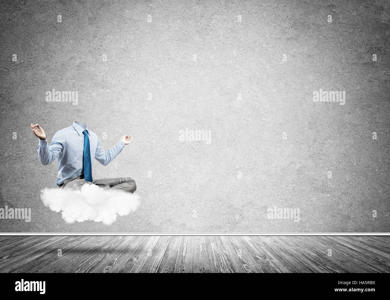 Headless businessman sitting on cloud in lotus pose and meditating ...
