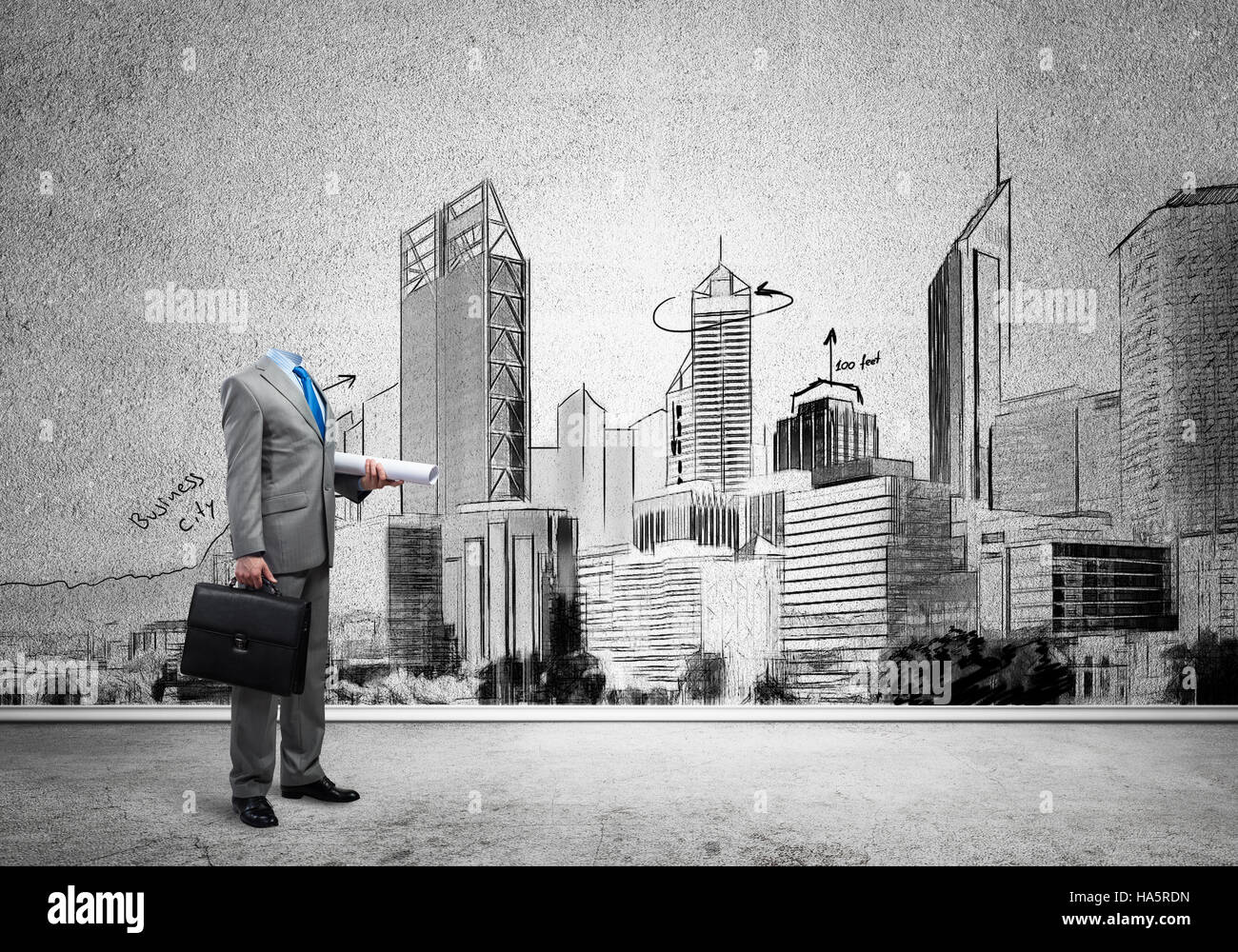 Headless engineer man with papers in hand against construction ...