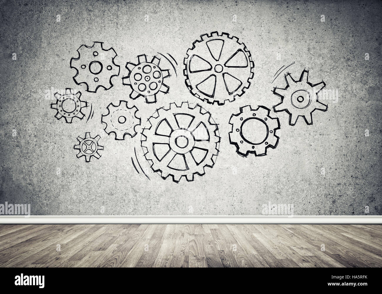 Gear hand drawn mechanism on gray wall Stock Photo - Alamy