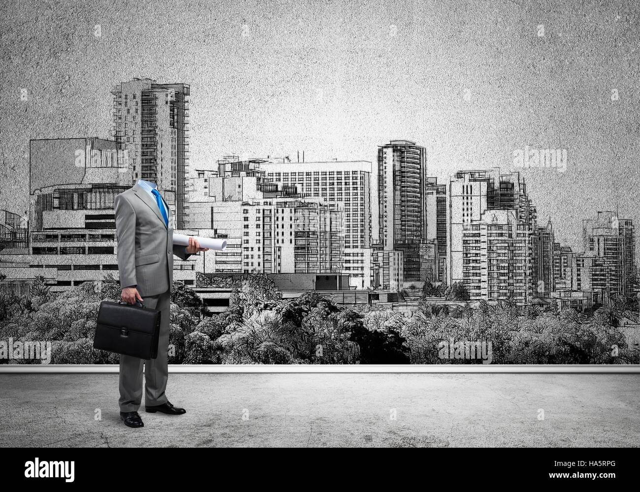Headless engineer man with papers in hand against construction ...
