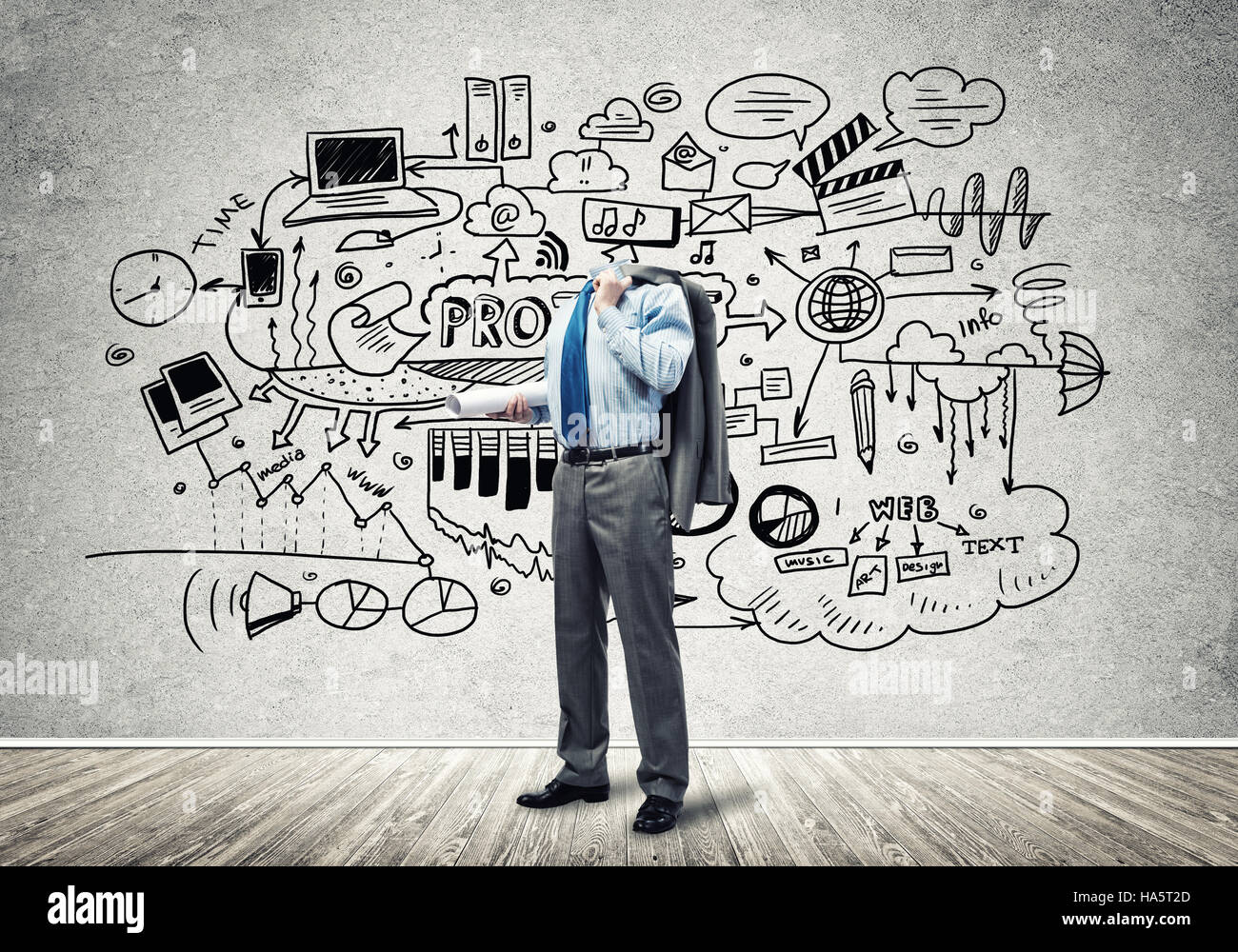 Headless engineer man with papers in hand against sketched background ...