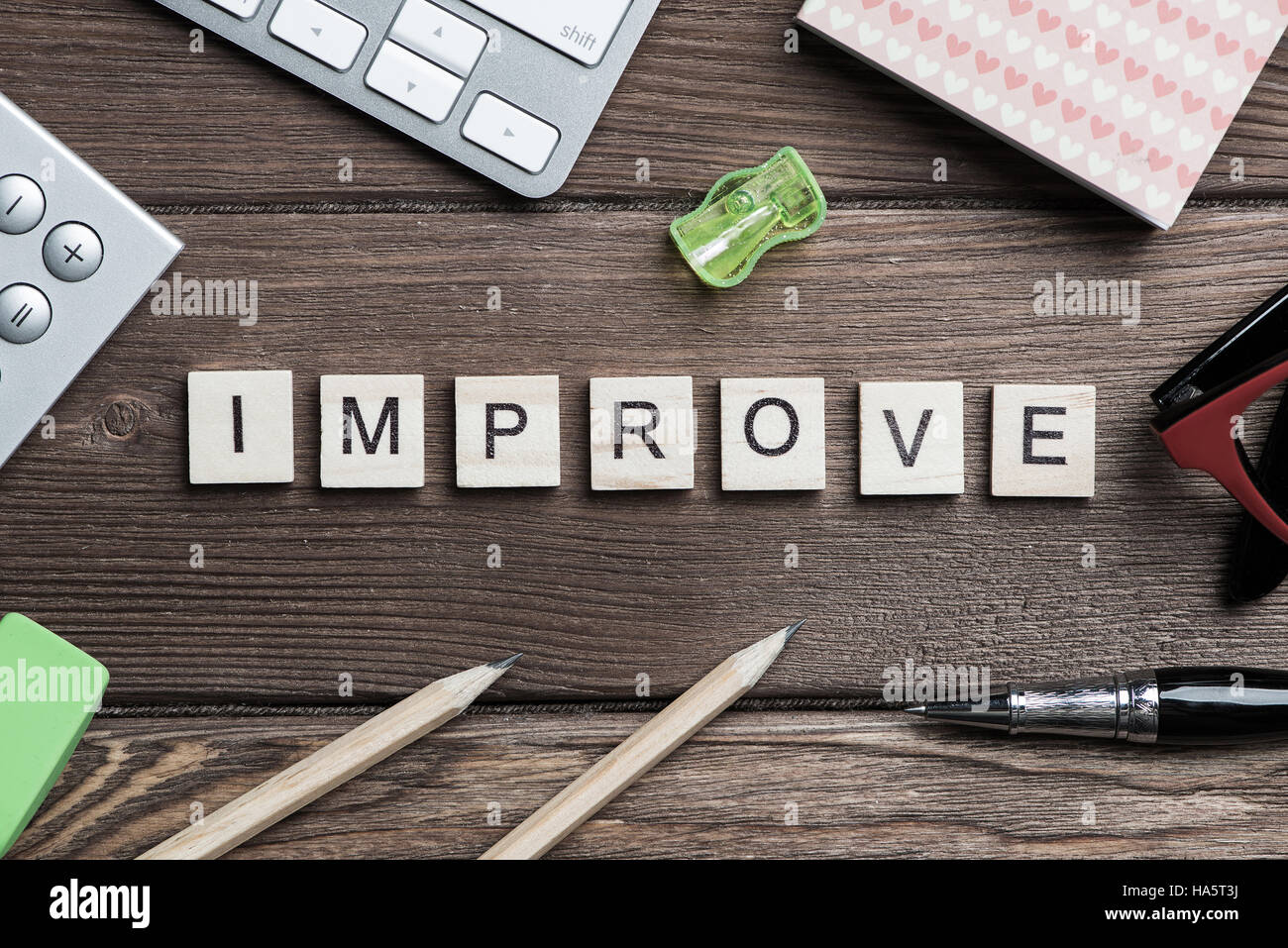 Workspace desk with keyboard office working stuff and wooden elements ...