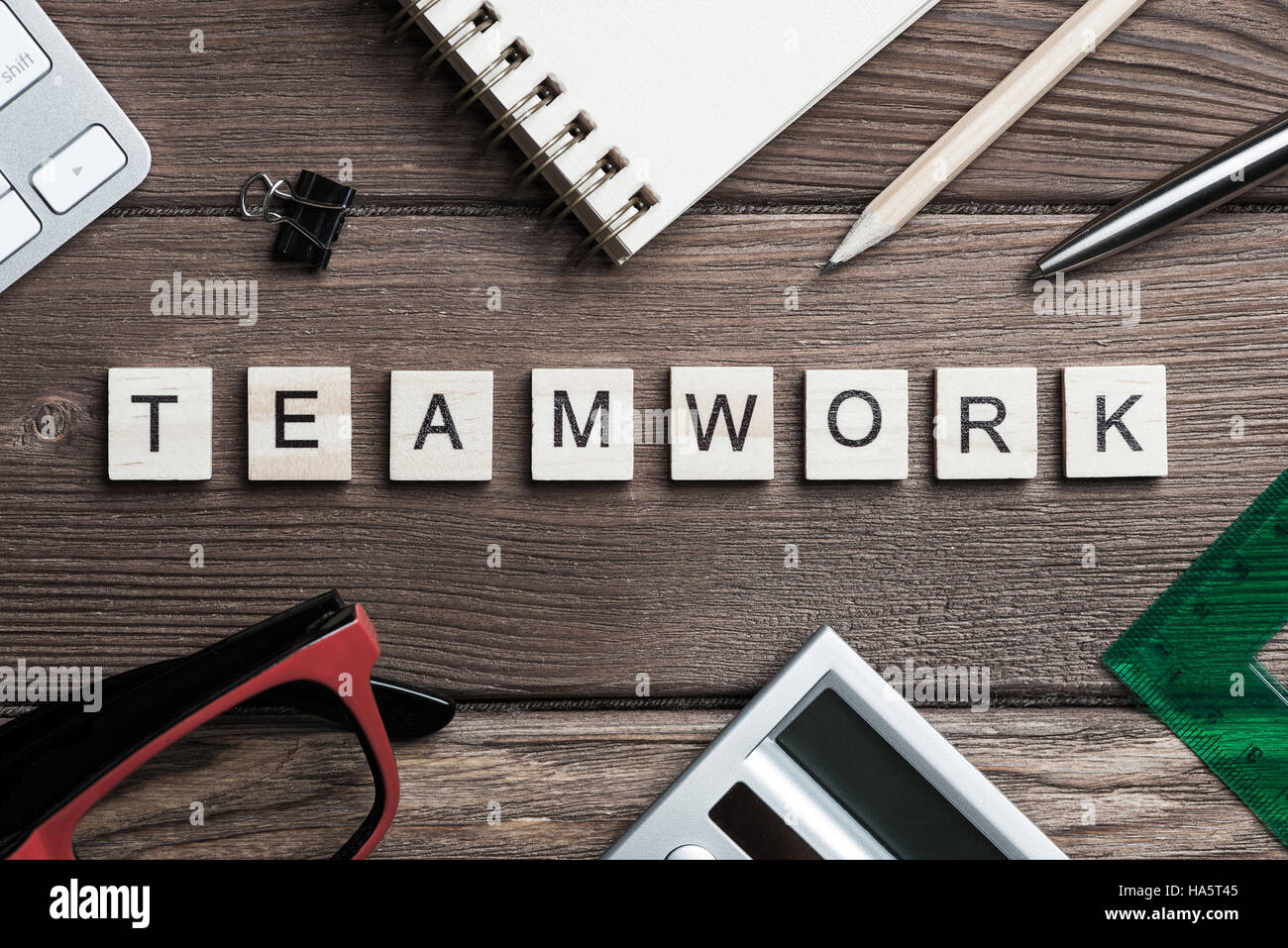Workspace desk with keyboard office working stuff and wooden elements ...