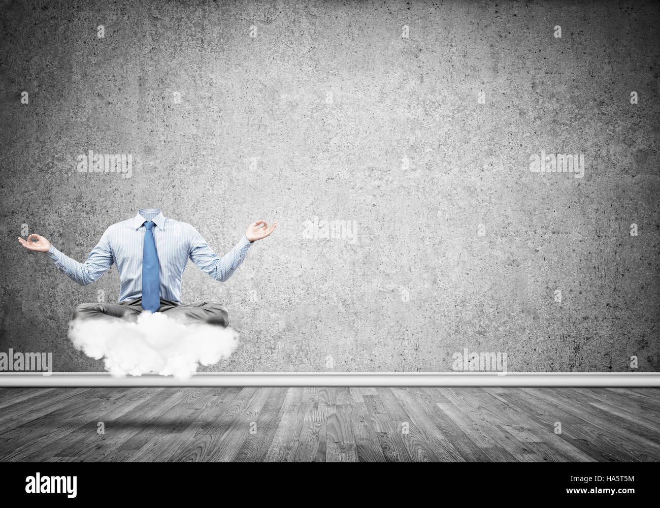 Headless businessman sitting on cloud in lotus pose and meditating ...