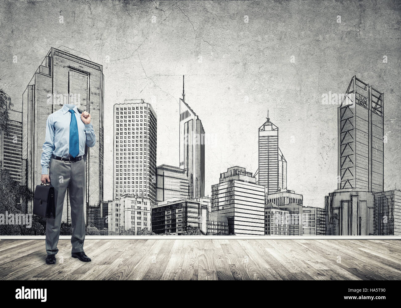 Headless engineer man with papers in hand against construction ...