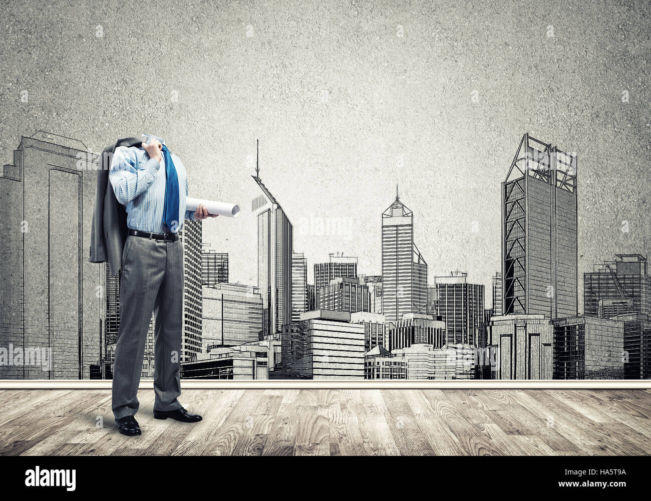 Headless engineer man with papers in hand against construction ...