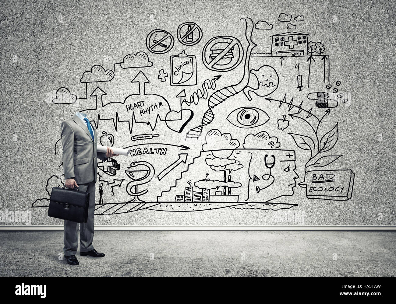 Headless engineer man with papers in hand against sketched background ...