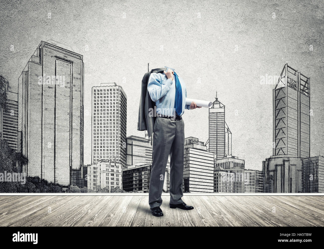 Headless engineer man with papers in hand against construction ...