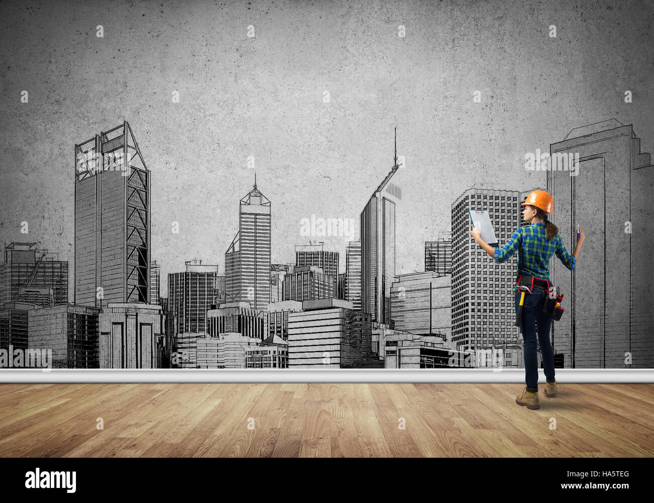 Back view of engineer woman with folder and sketches of construction ...