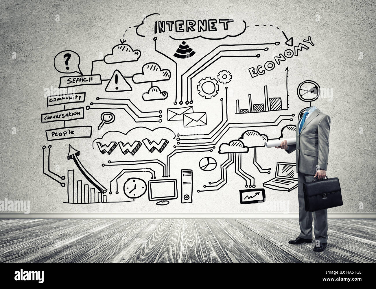 Headless engineer man with papers in hand against sketched background ...