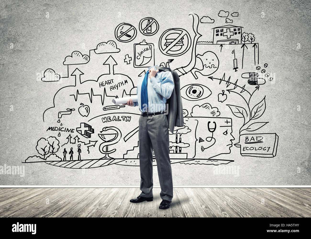 Headless engineer man with papers in hand against sketched background ...