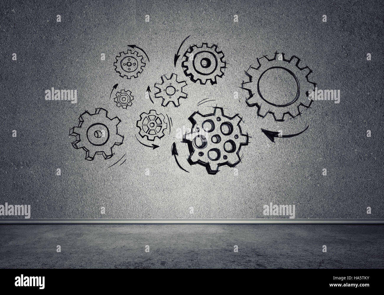 Gear hand drawn mechanism on gray wall Stock Photo - Alamy
