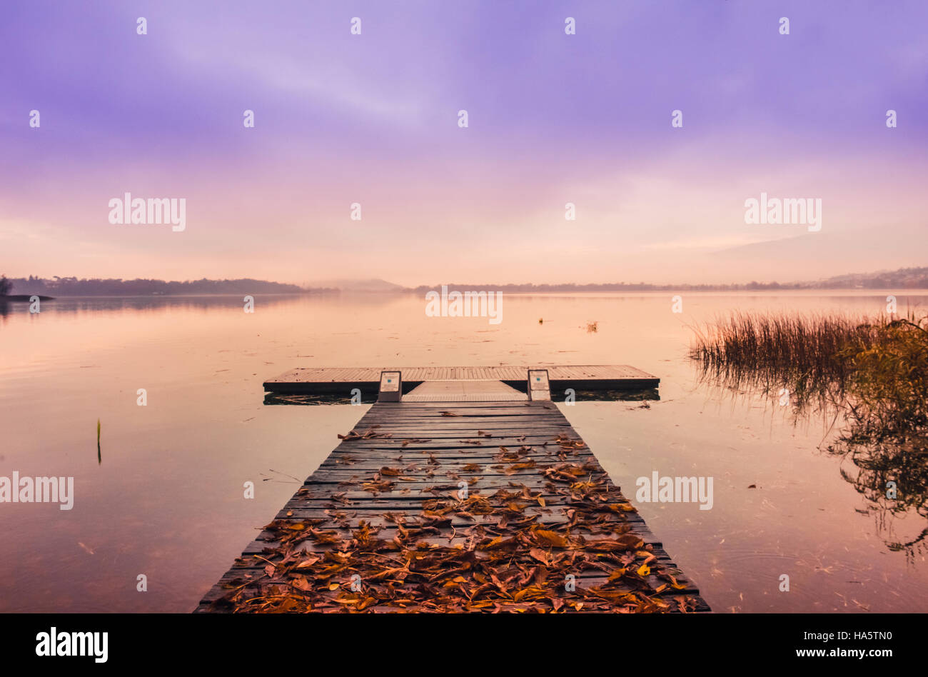 Wooden pier with leaves on the quiet lake at sunrise in autumn Stock ...