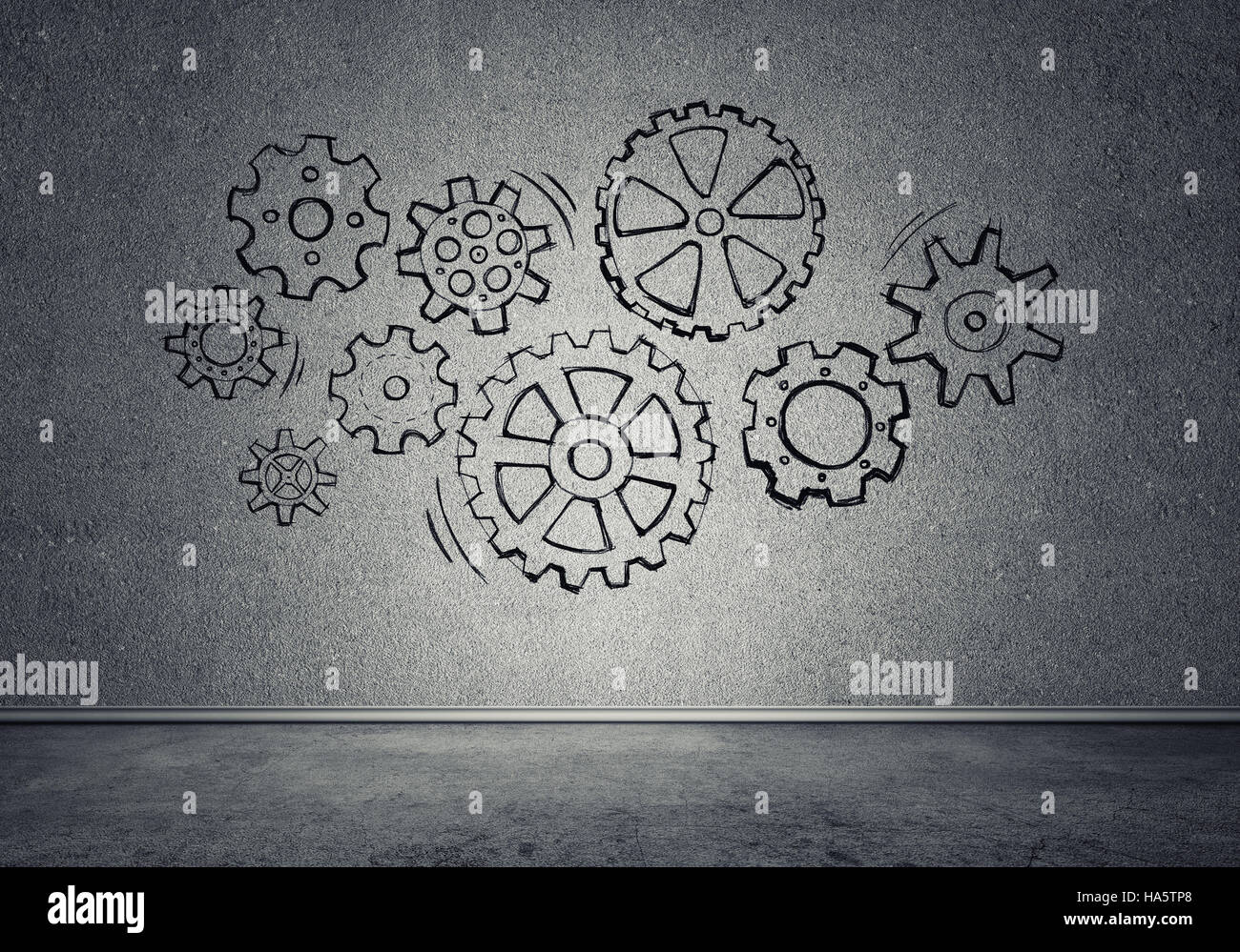 Gear hand drawn mechanism on gray wall Stock Photo - Alamy