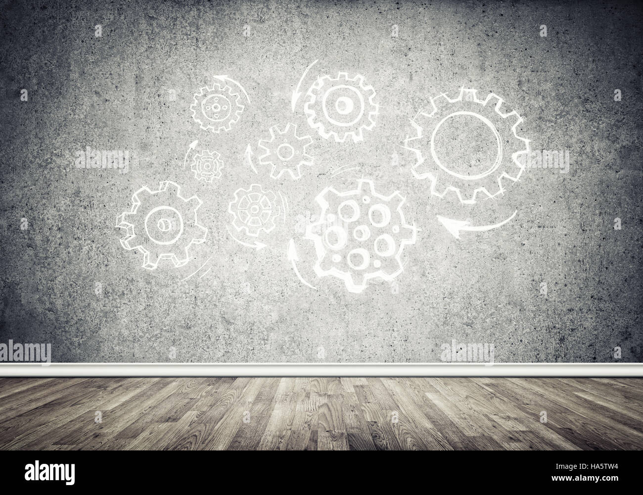 Gear hand drawn mechanism on gray wall Stock Photo - Alamy