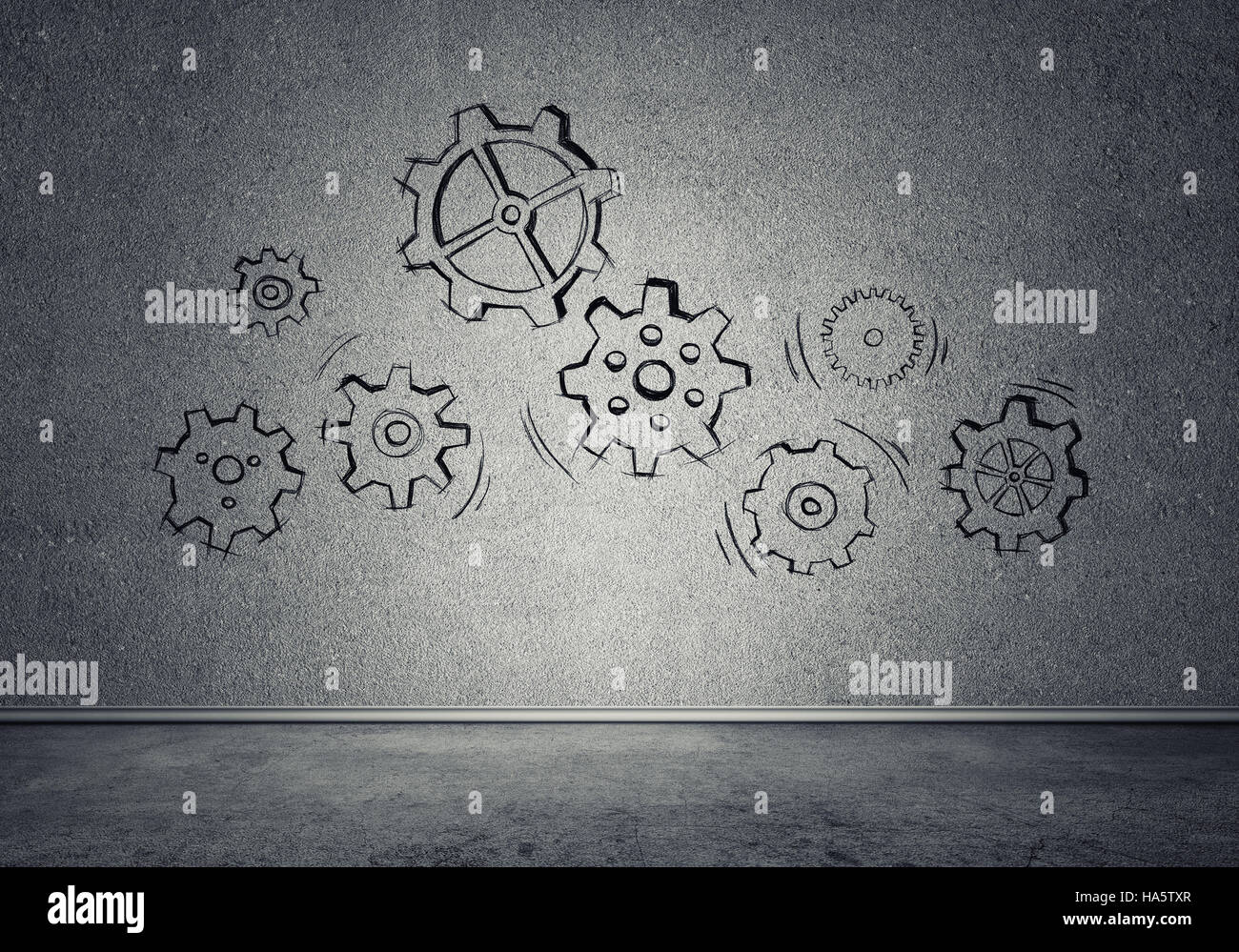 Gear hand drawn mechanism on gray wall Stock Photo - Alamy