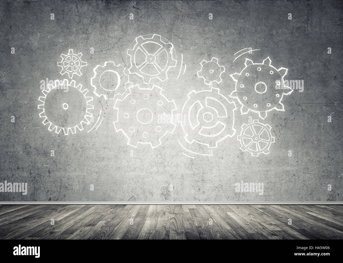 Gear hand drawn mechanism on gray wall Stock Photo - Alamy