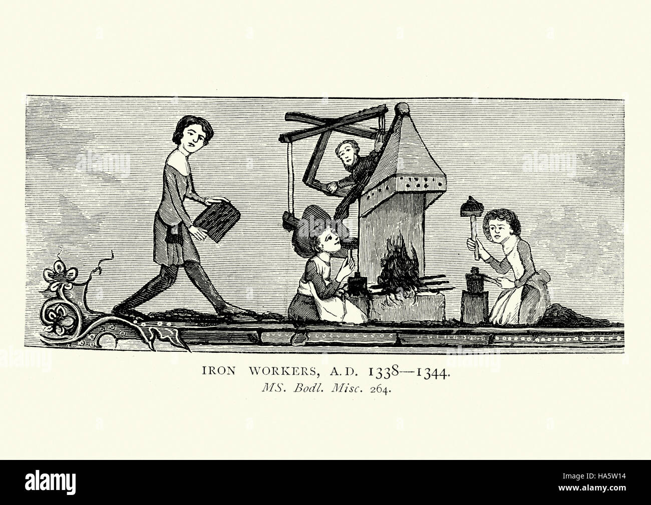 Medieval iron workers, working in a forge, 14h Century Stock Photo - Alamy