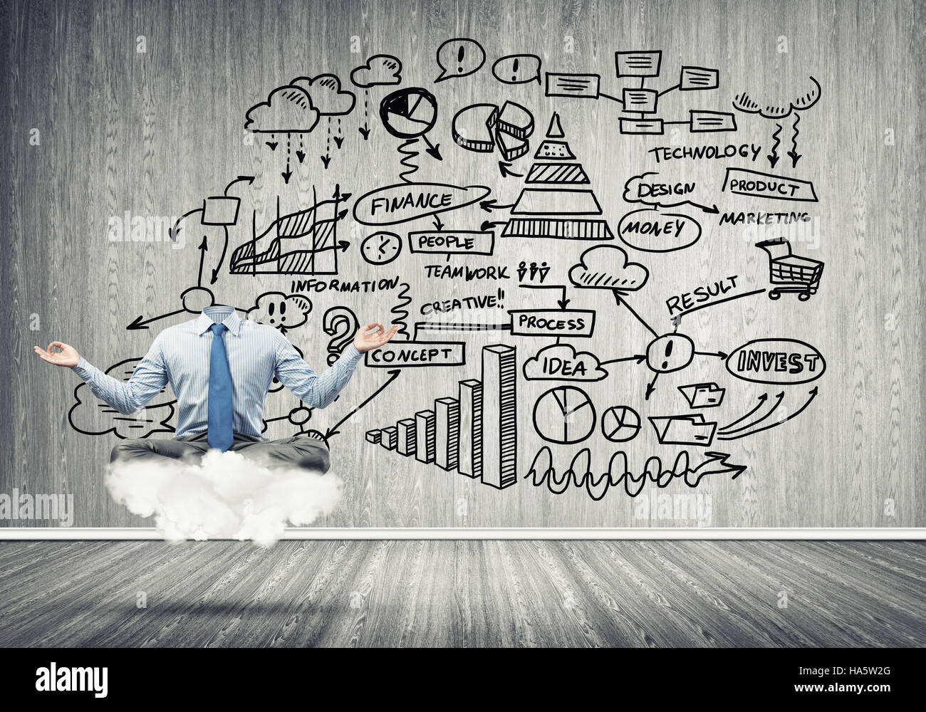 Headless businessman sitting on cloud in lotus pose and meditating ...